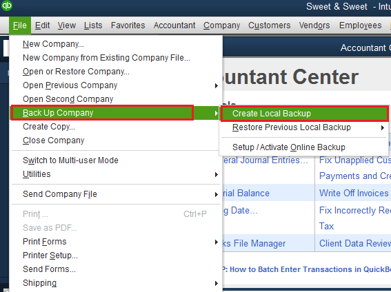 How to make a local backup in quickbooks?